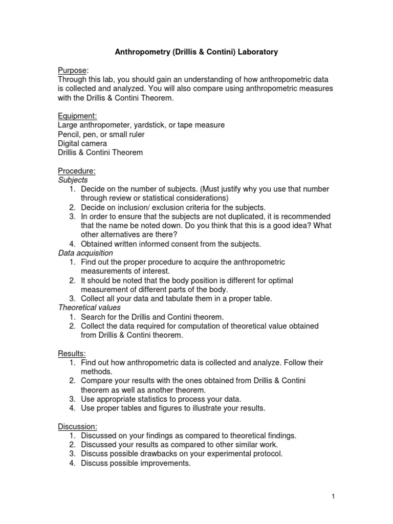 Anthropometry (Drillis & Contini) Laboratory: Subjects | PDF