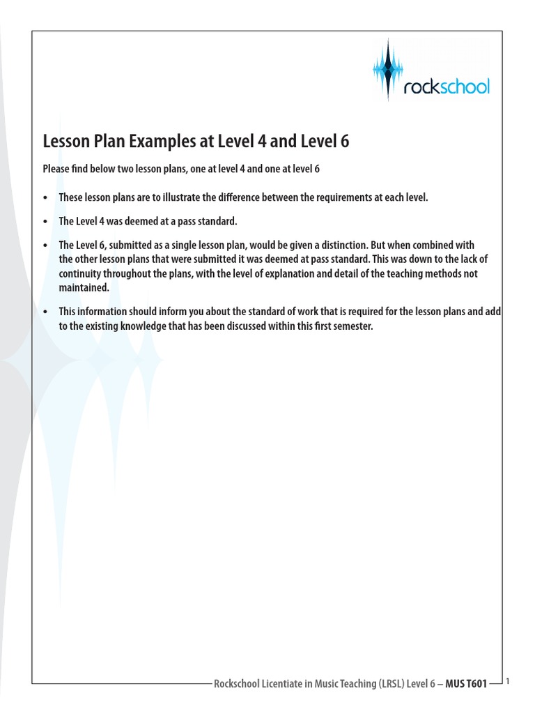Lesson Plan Examples at Level 4 and Level 6: Rockschool Licentiate in ...