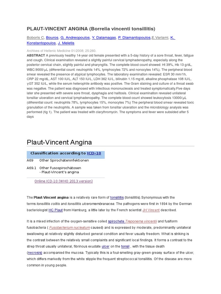 PLAUT-VINCENT ANGINA (Borrelia Vincenti Tonsillitis) | PDF | Medical ...