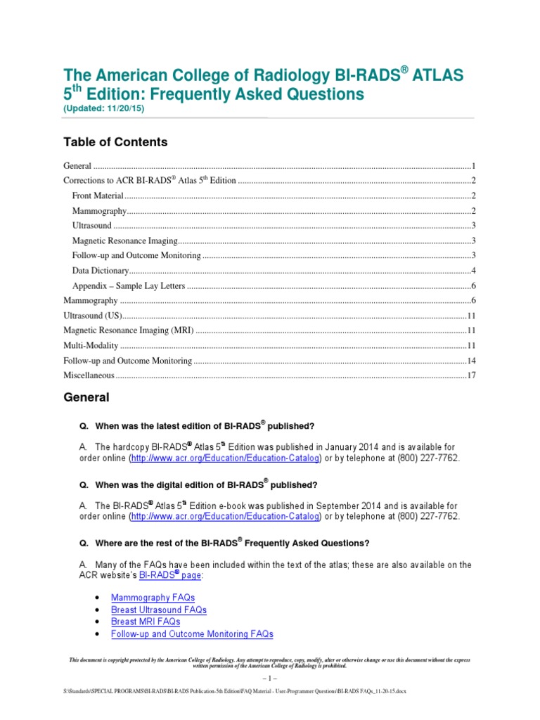 The American College of Radiology BI-RADS Atlas 5 Edition: Frequently ...