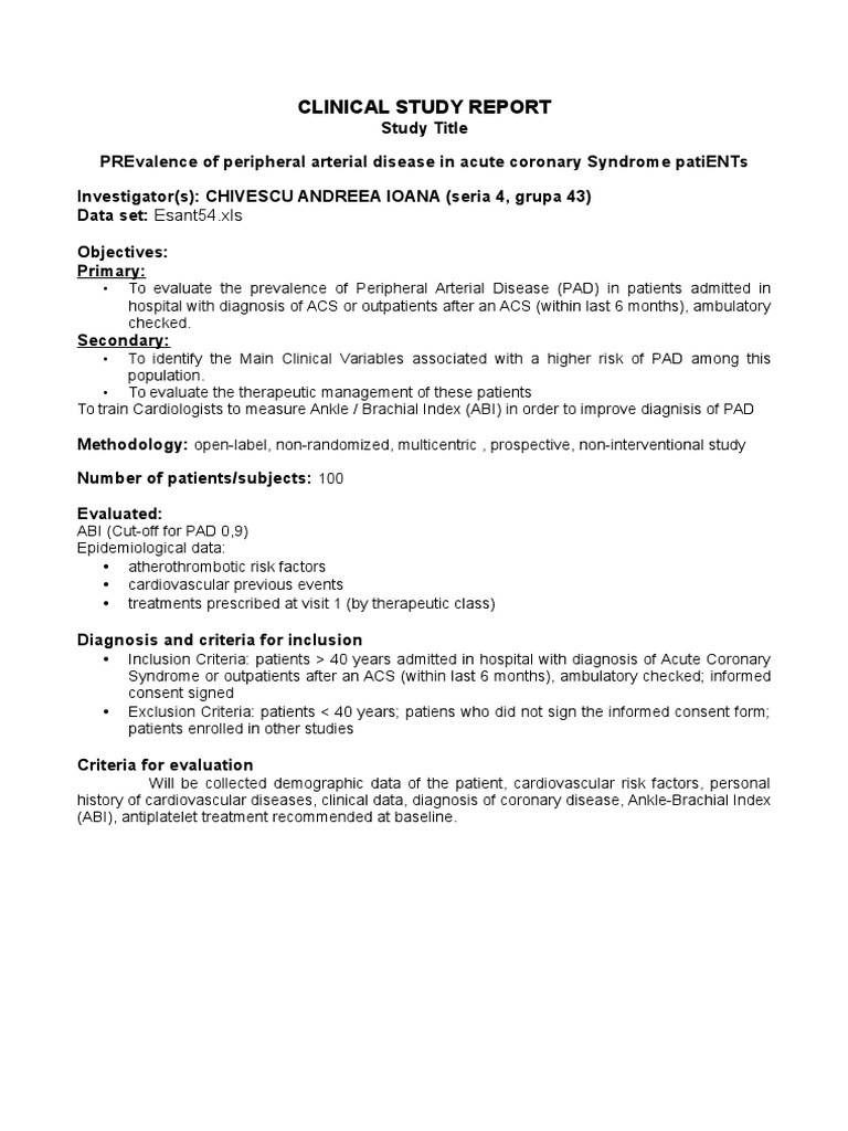 Clinical Study Report | PDF | Cardiovascular Diseases | Coronary Artery ...