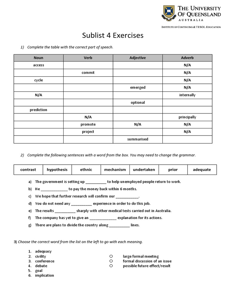 Sublist 4 Academic Vocabulary Exercises | PDF | Part Of Speech | Adverb