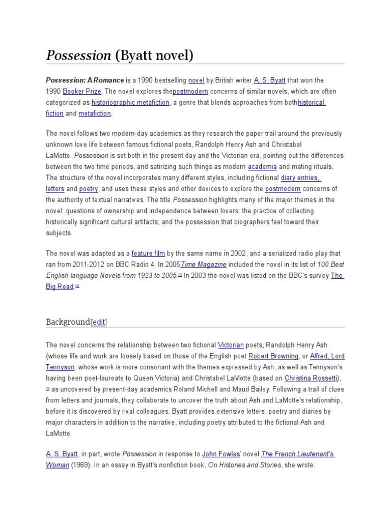 Possession (Byatt Novel) : Possession: A Romance Is A 1990 Bestselling ...