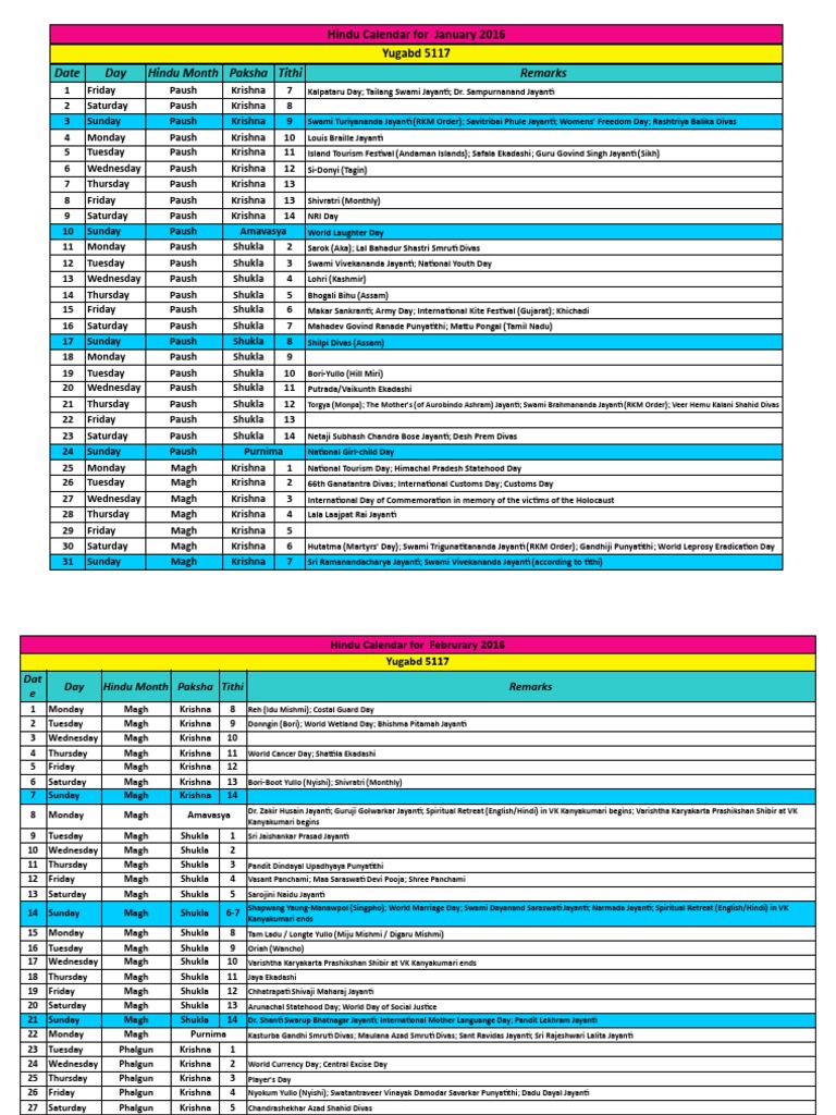 Hindu Calendar Year 2016 PDF