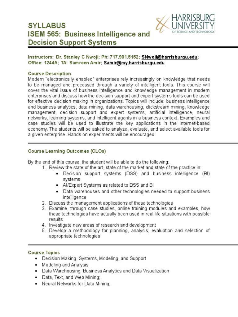 Syllabus Isem 565 Business Intelligence And Decision Support Systems Pdf Business