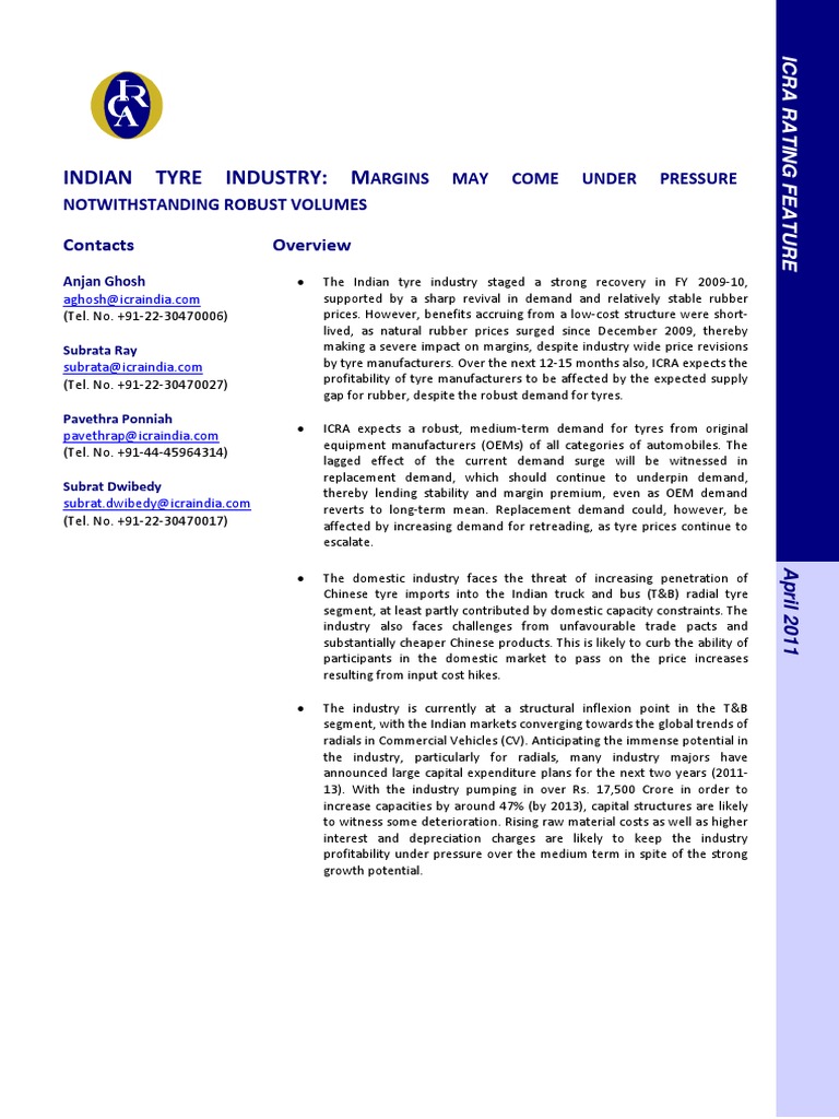 ICRA Report On Tyre Industry, April 5,2011 | PDF | Tire | Prices