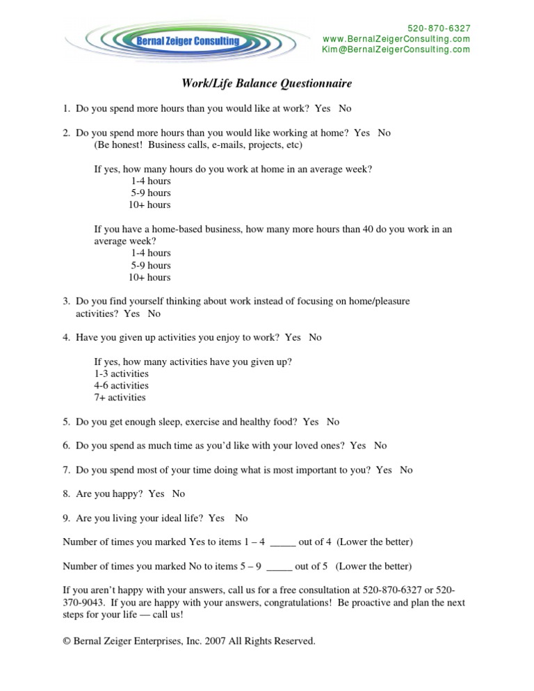 Work Life Balance Questionnaire | PDF | Psychological Concepts | Psychology