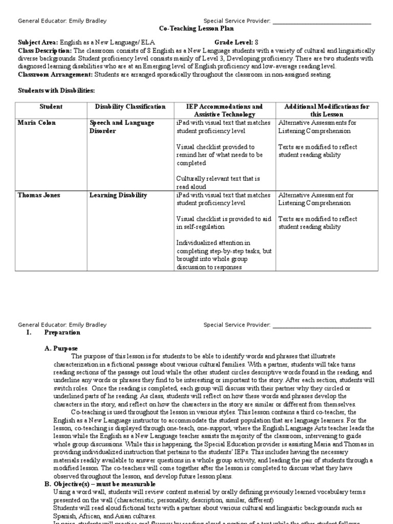 Co-Teaching ELA Lesson Plan for ENL Students | PDF | Reading (Process ...