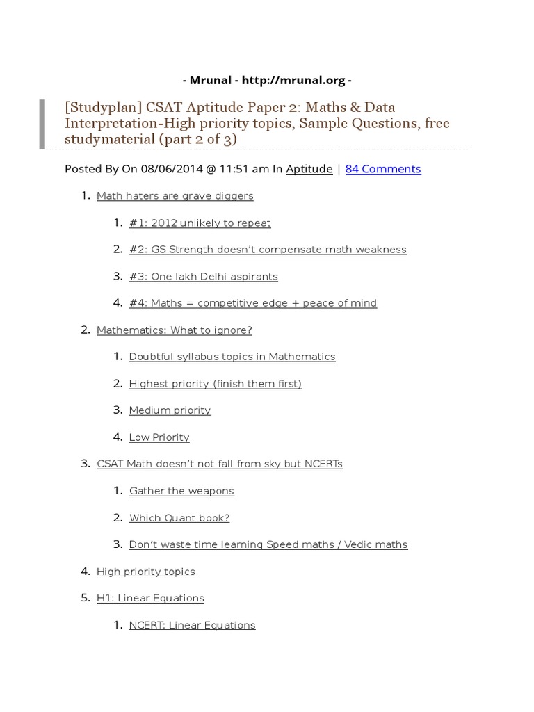 Csat Aptitude Paper 2 Maths Data Interpretation High Priority Topics ...
