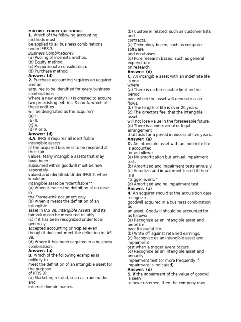 Business Combinations?: Multiple-Choice Questions | PDF | Goodwill ...