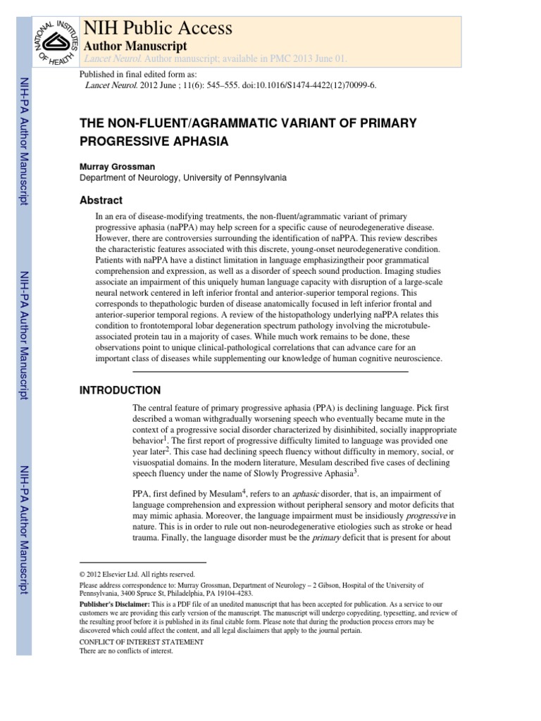 The Non-fluent Agrammatic Variant of Primary Progressive Aphasia Lancet ...