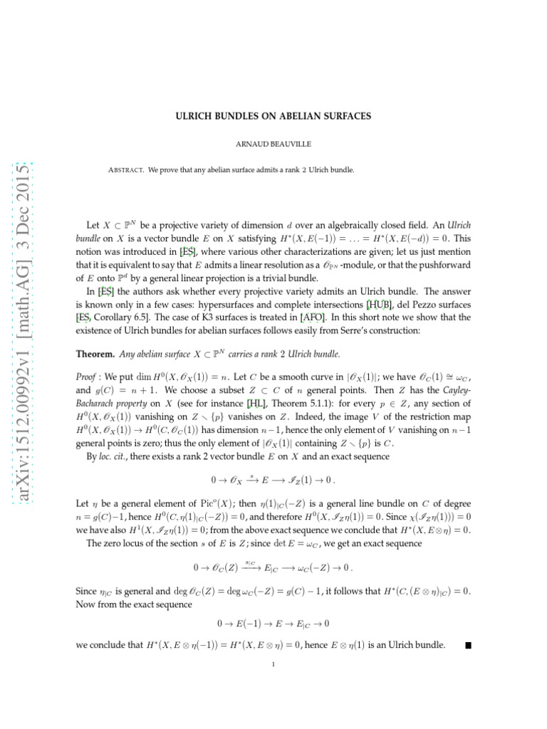 Ulrich Bundles On Abelian Surfaces: Bundle On X Is A Vector Bundle E On X Satisfying H | PDF ...
