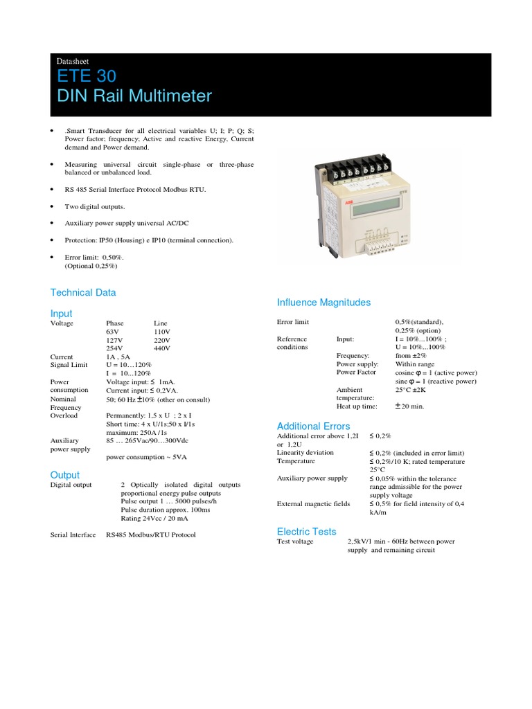 DIN Rail Multimeter: Technical Data Input Influence Magnitudes | PDF ...