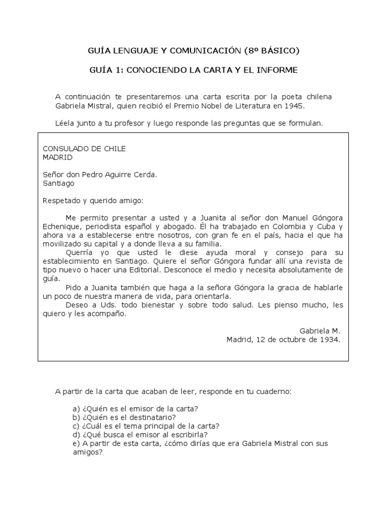 GUÍA 1: CONOCIENDO LA CARTA Y EL INFORME | Discurso | Información ...