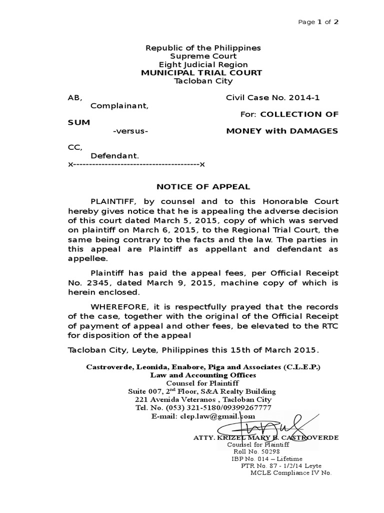 Notice of Appeal for Civil Case 2014-1 | PDF | Finance & Money ...