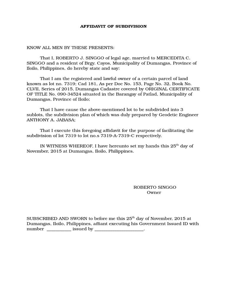 Affidavit of Subdivision for Lot 7319 | PDF