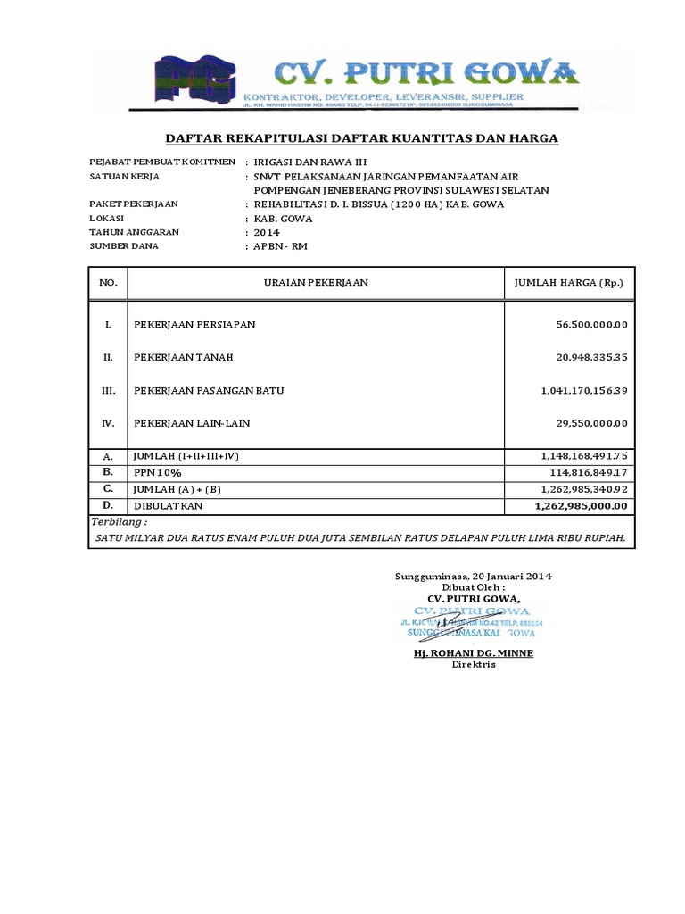 RAB Contoh Irigasi Sulsel 2014 | PDF