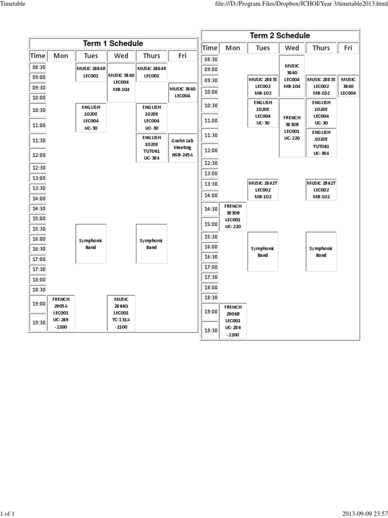 Term 1 Schedule Term 2 Schedule: Time Mon Tues Wed Thurs Fri Time Mon Tues Wed Thurs Fri | PDF ...