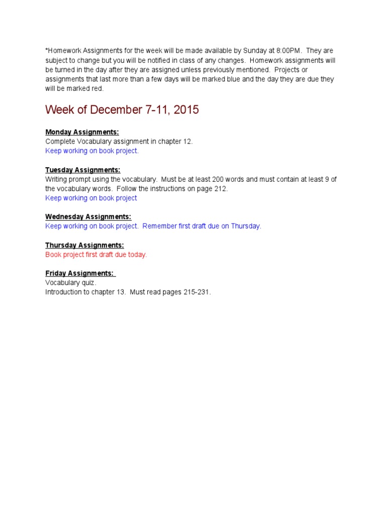 Weekly Homework Assignments Overview | PDF