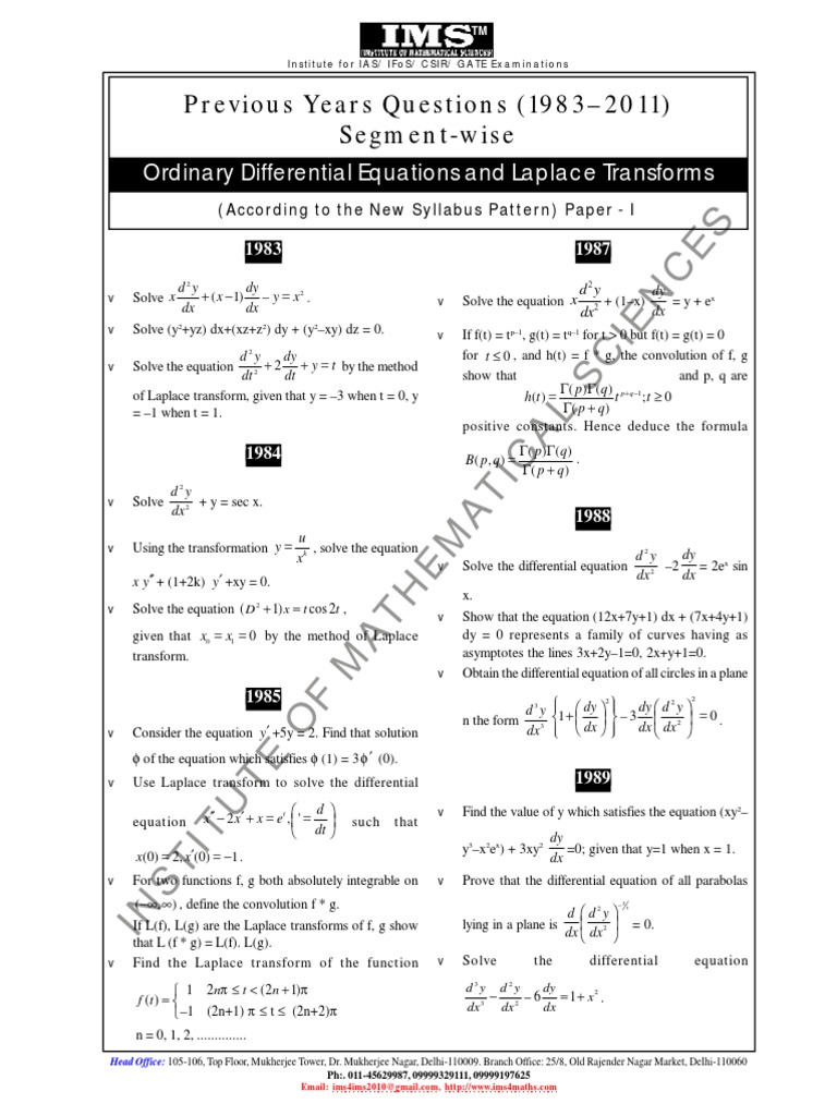 Ordinary Differential Equations Segment Wise Questions From 1983 To ...