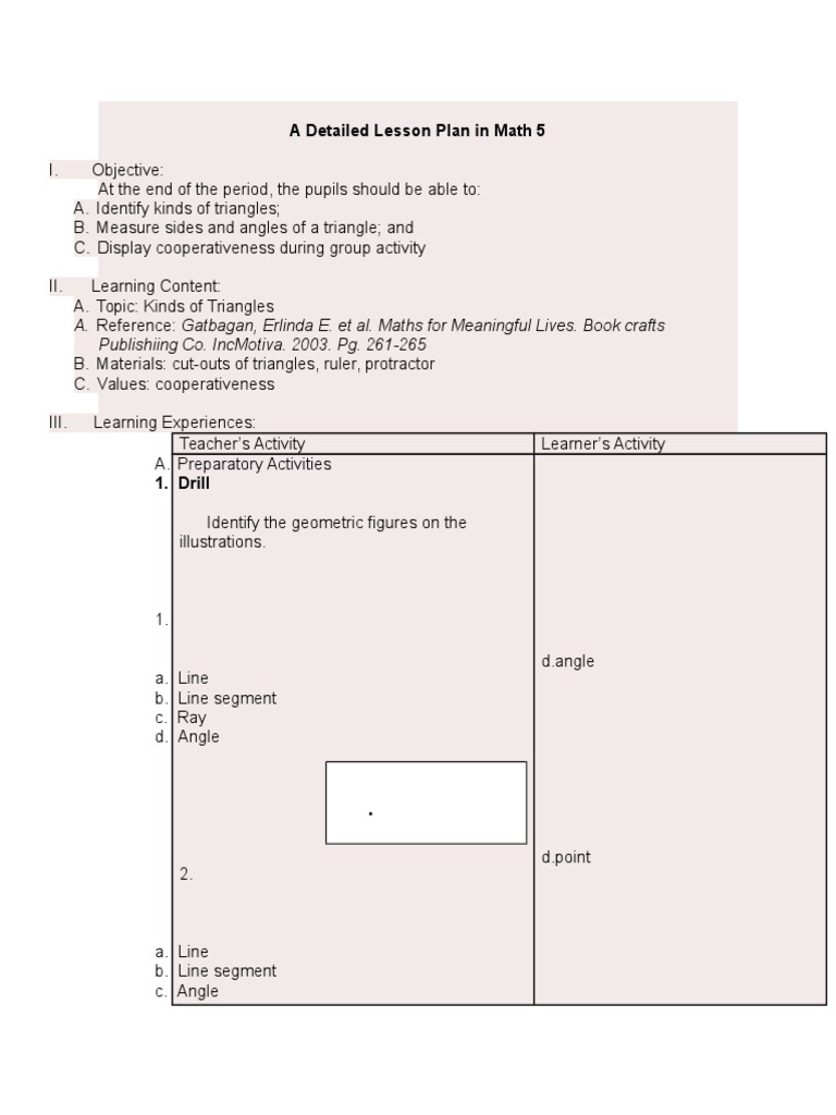 A Detailed Lesson Plan in Math 5 | PDF | Triangle | Triangle Geometry