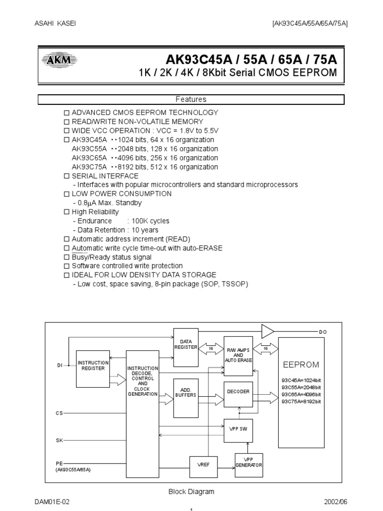 AK93C45A / 55A / 65A / 75A: 1K / 2K / 4K / 8kbit Serial CMOS EEPROM ...