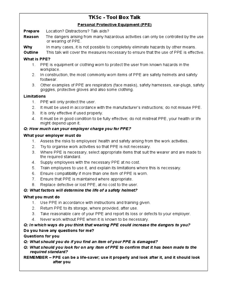 Tk5c - Ppe Toolbox Talk | PDF | Personal Protective Equipment | Change ...