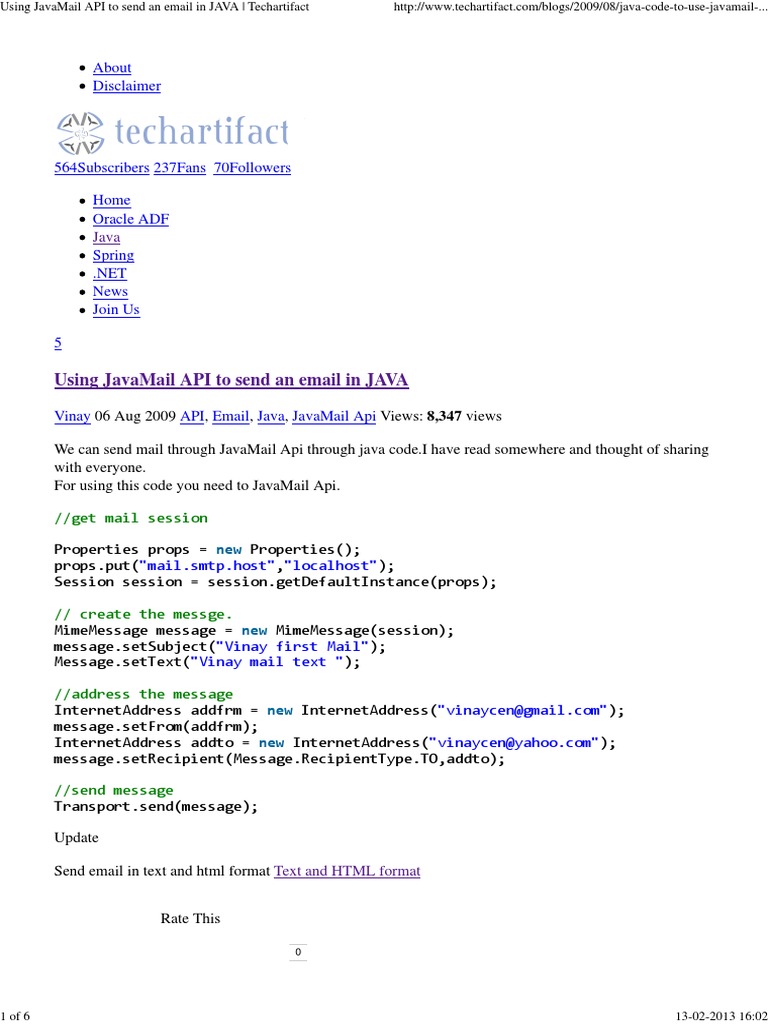 Using Javamail Api To Send An Email In Java Techartifact Pdf Java Programming Language