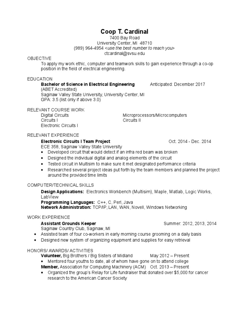 Electrical Engineering Co-op Resume | PDF