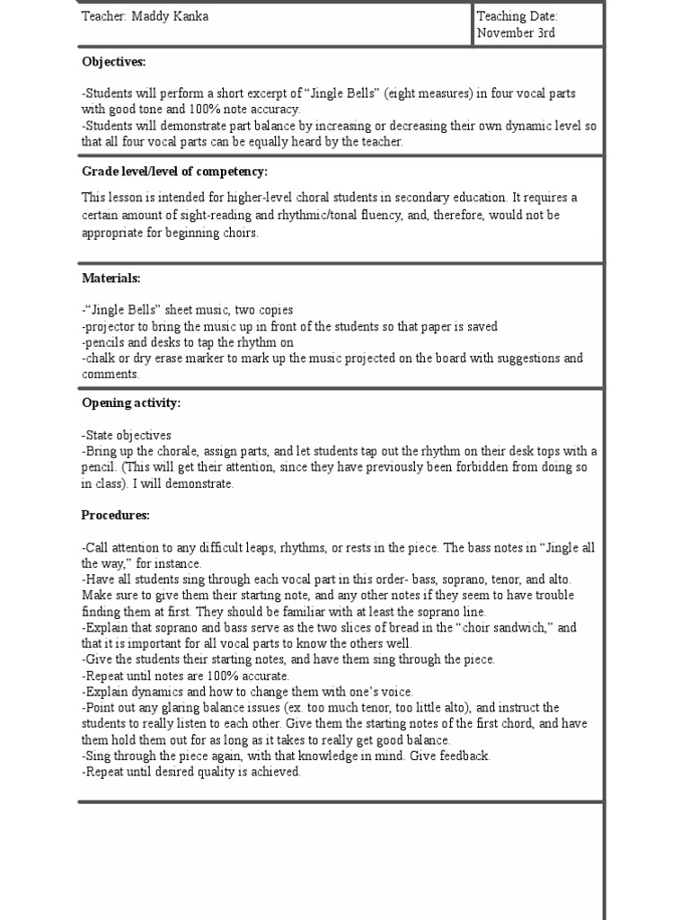 Choral Lesson Plan: Jingle Bells Performance | PDF
