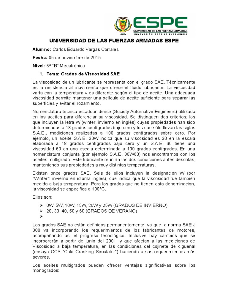 Grados de Viscosidad SAE en Aceites | PDF | Lubricante | Viscosidad