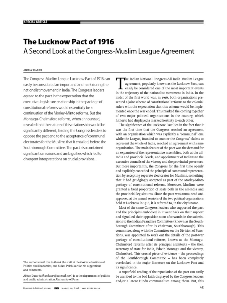The Lucknow Pact of 1916 | PDF | British Raj | Indian National Congress