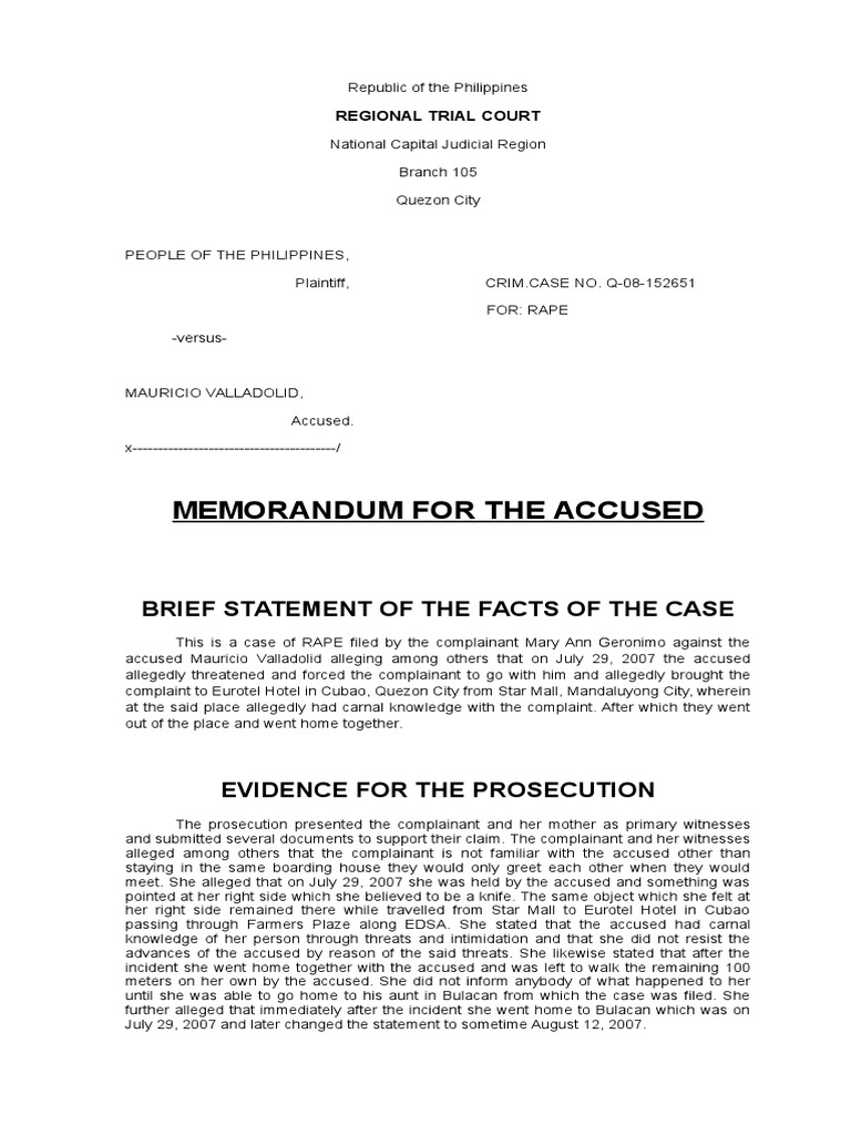 Memorandum For The Accused | Witness | Cross Examination