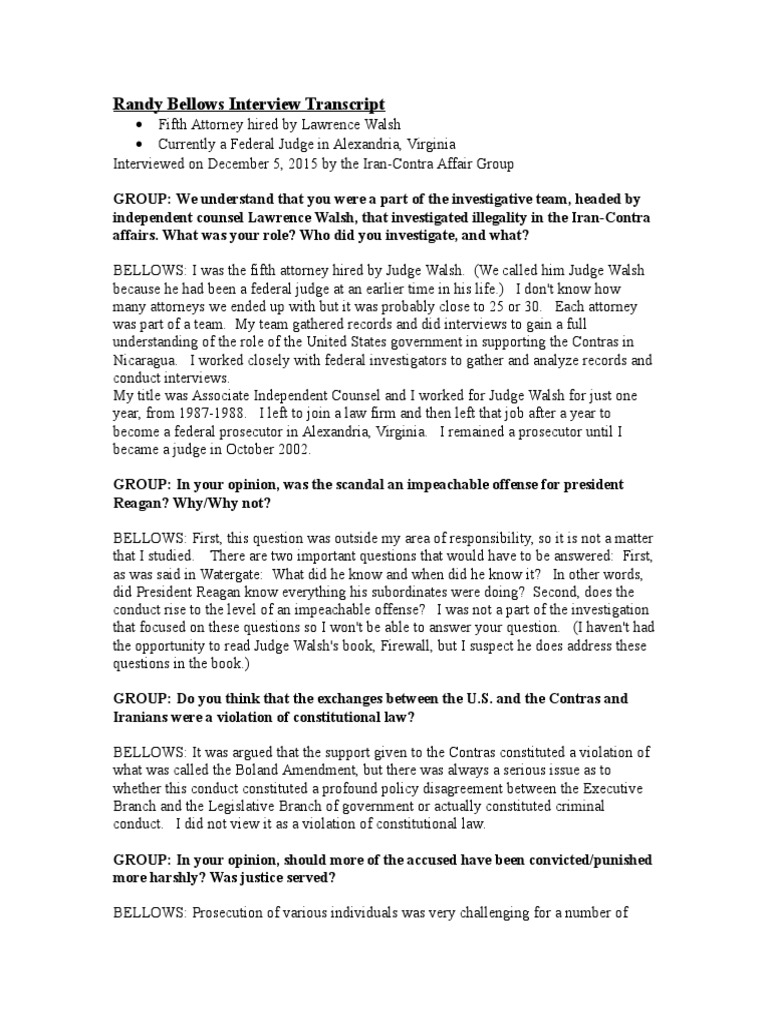 Randy Bellows Interview Transcript | PDF | Iran–Contra Affair | Prosecutor