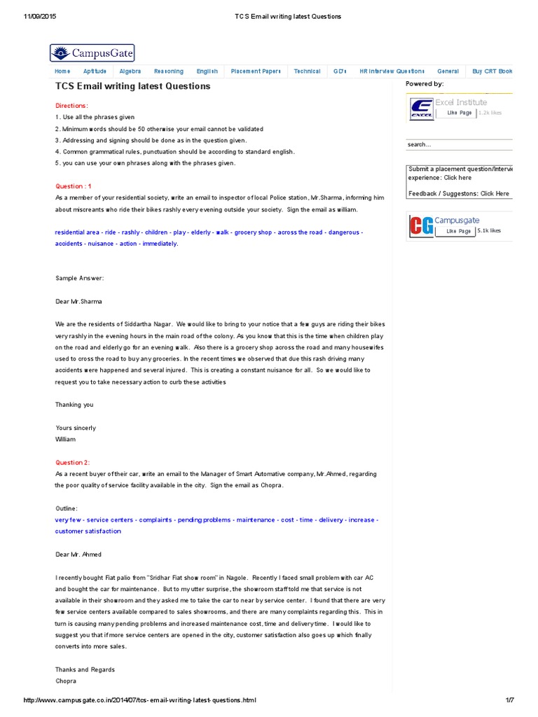 TCS Email Writing Test Samples | PDF | Business