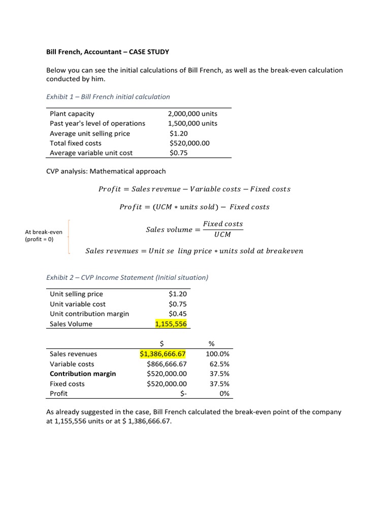 Bill French's Break-Even Analysis Case Study | PDF | Management ...