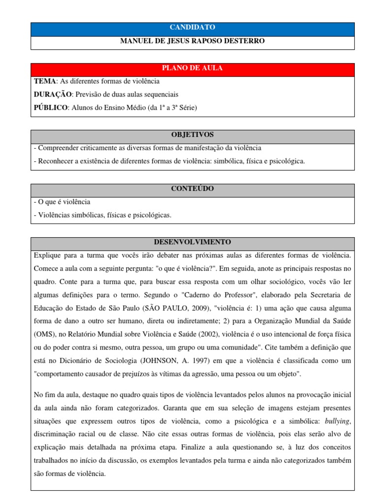 Plano de Aula - Sesi PDF | PDF | Violência | Poder (social e político)