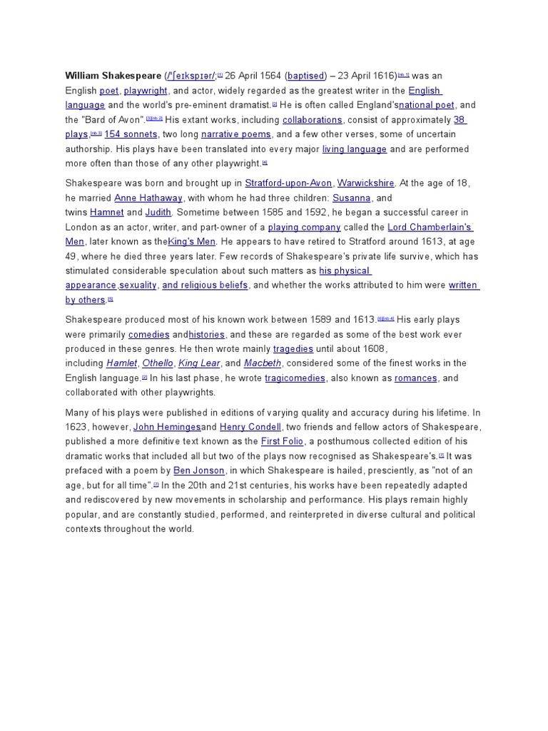William Shakespeare: Life and Works | PDF | History | Classics