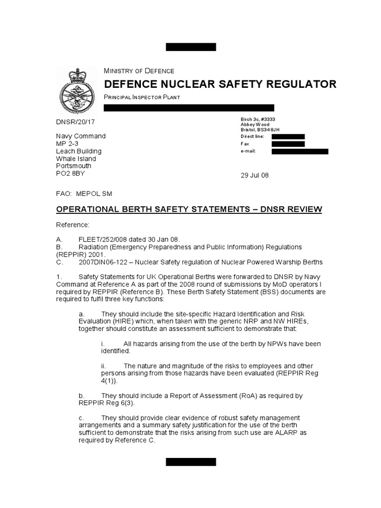 Safety Statements by British Ministry of Defence regarding Operational ...