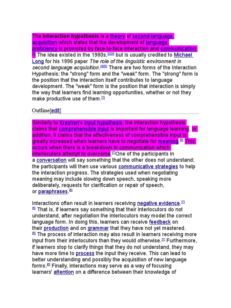 Long's Interaction Hypothesis in SLA | PDF | Second Language ...