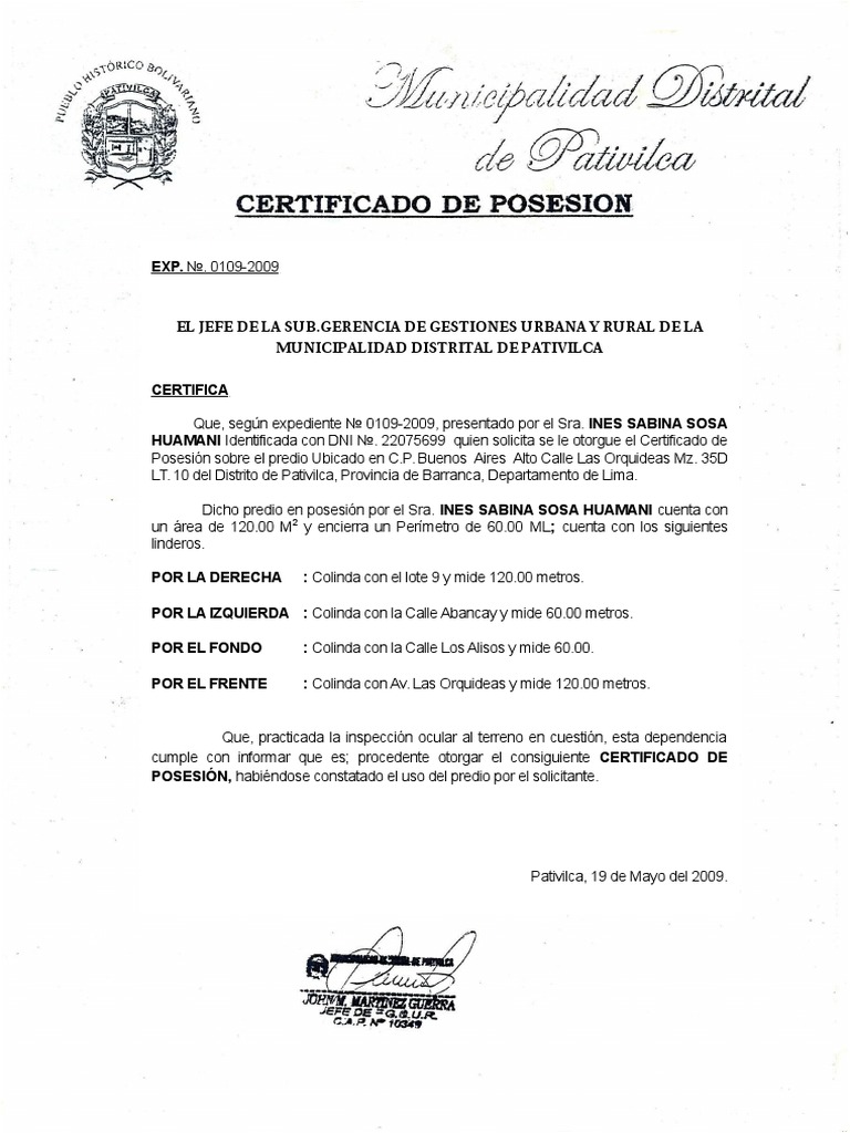 Certificado Posesion Pativilca | PDF | Derecho