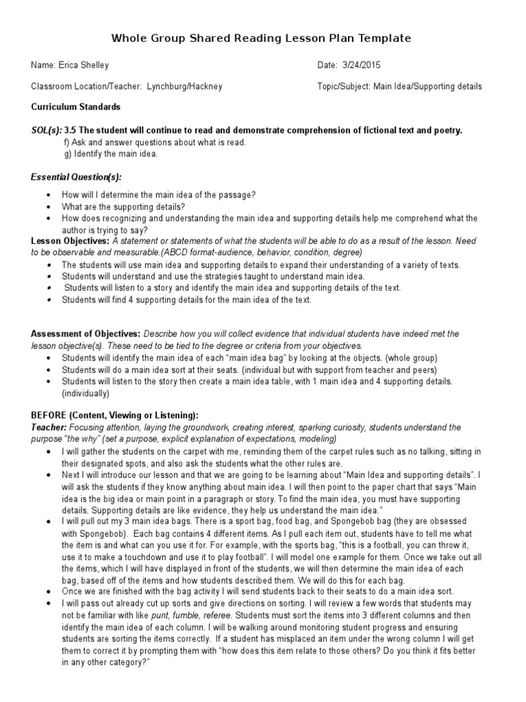 Whole Group Shared Reading Lesson Plan Template | PDF | Reading ...
