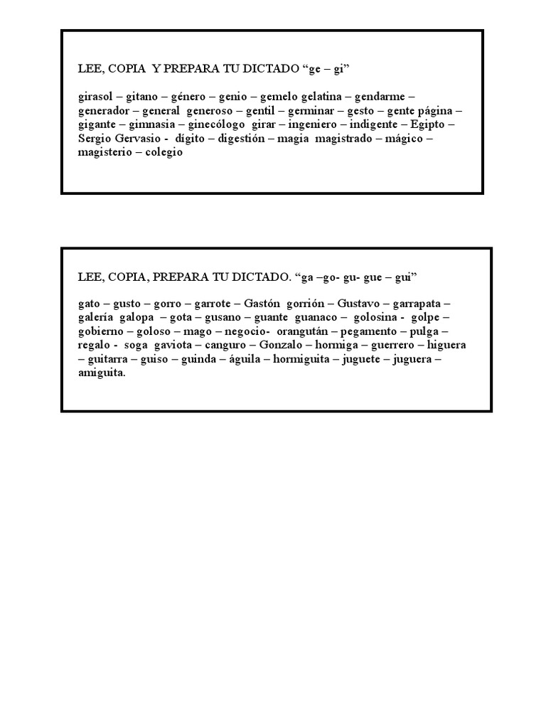 Palabras Dictado Gago Gu Gue Gui Ge Gi | PDF | Cocina, comidas y vino