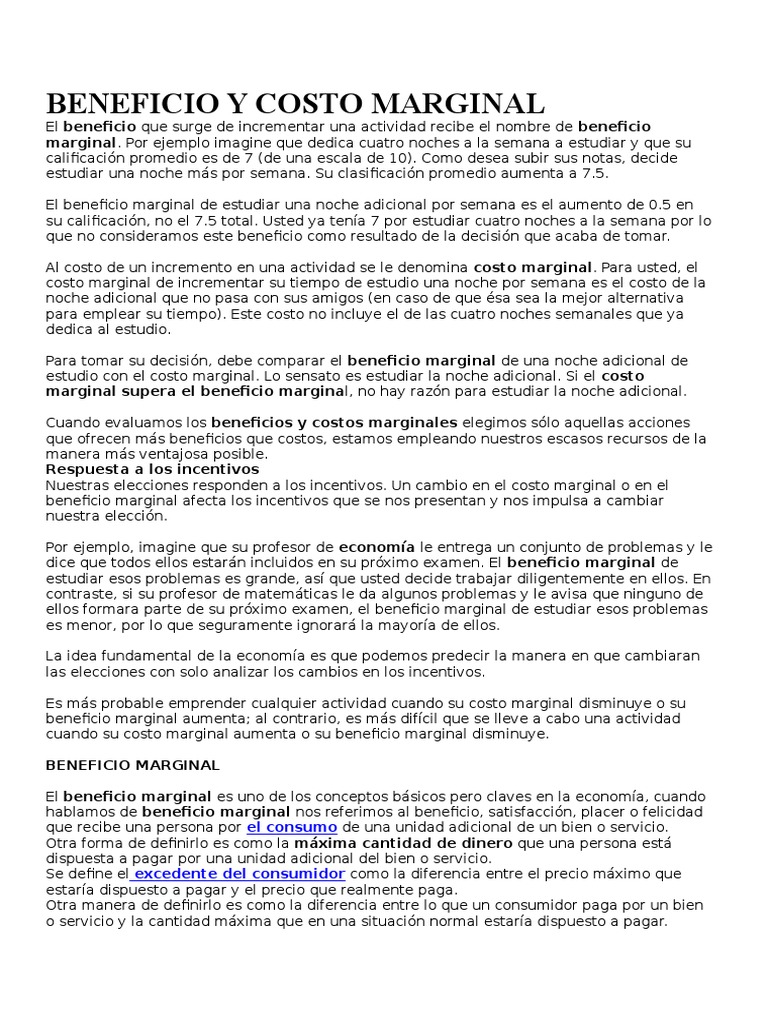 Análisis de los conceptos de beneficio marginal y costo marginal, y su ...
