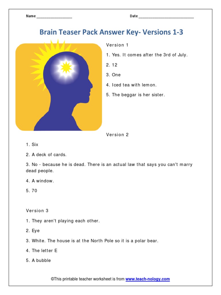 Brain Teasers Worksheet 1 Answers