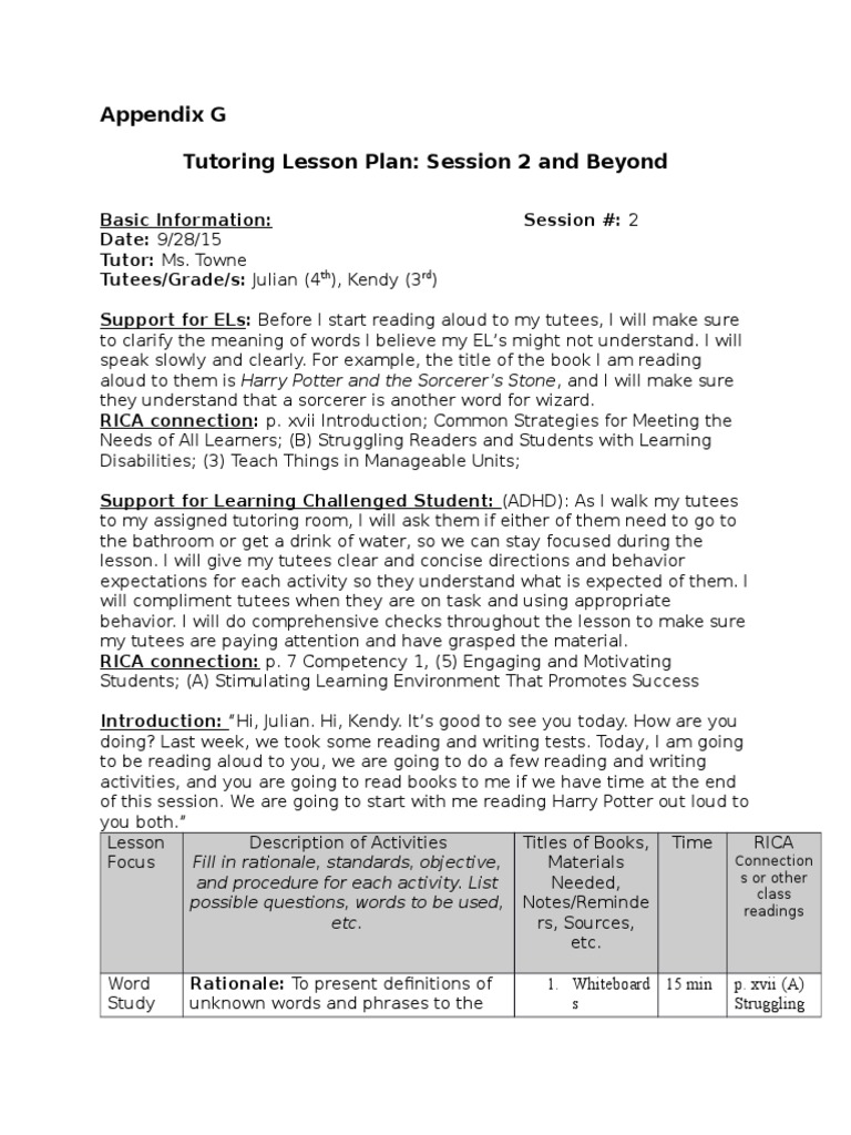 Appendix G Tutoring Lesson Plan: Session 2 and Beyond | PDF | Reading ...