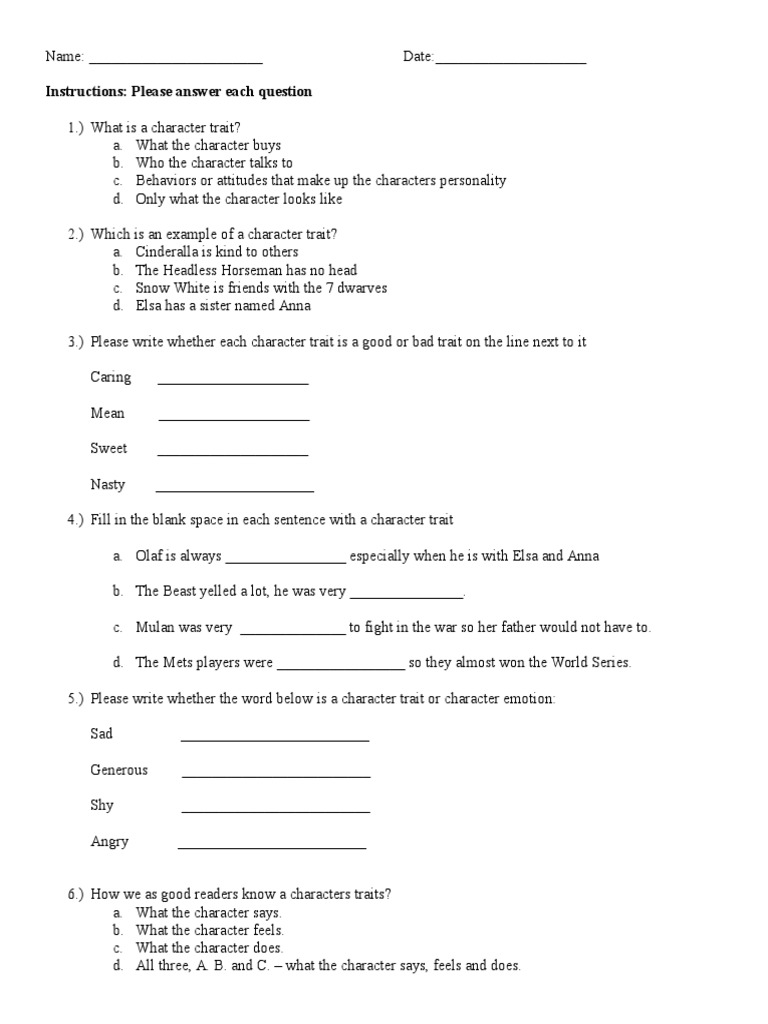 Character Traits Worksheet for Students | PDF | Psychological Concepts