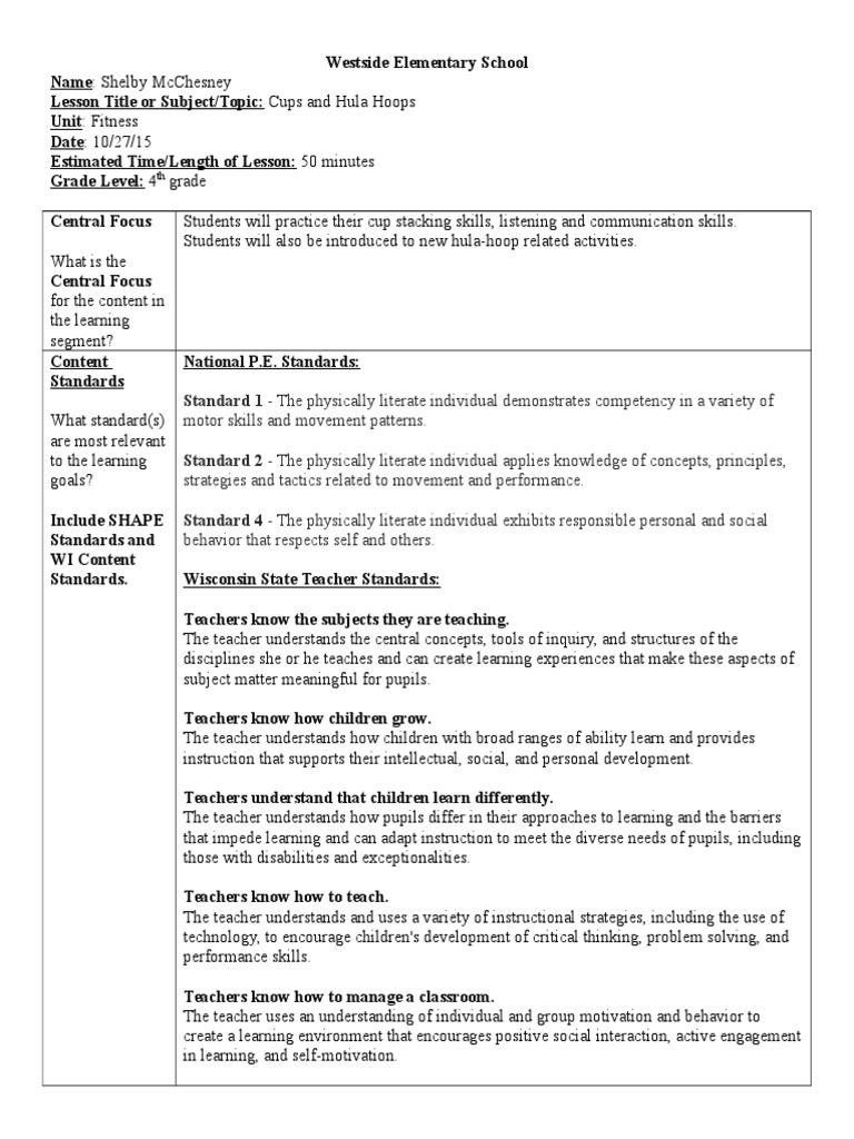 Hula Hoop and Cup Stacking Lesson Plan | PDF | Teachers | Physical ...