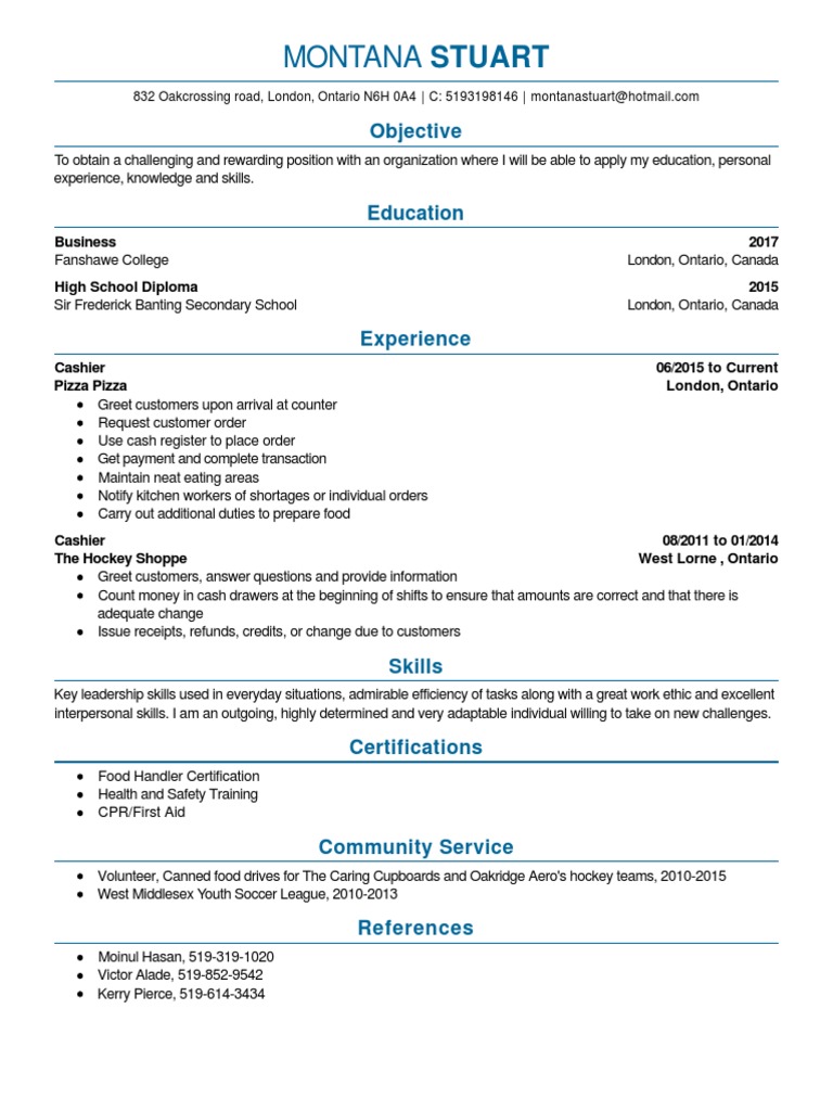 Resume of Montana Stuart - Cashier Experience | PDF | Career & Growth