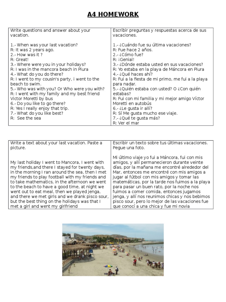 A4 HOMEWORK-preguntas Acerca de Sus Vacaciones y Texto Viaje | PDF | Poesía